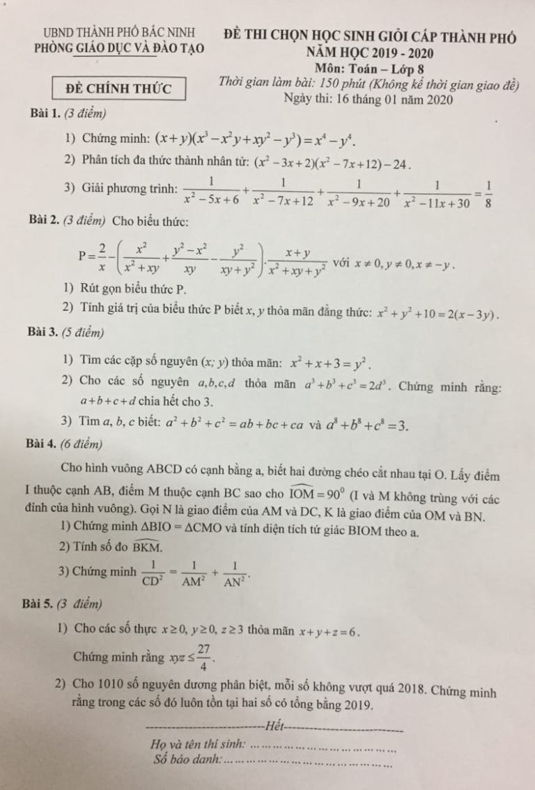 Đề thi HSG Toán lớp 8 TP Bắc Ninh 2019-2020
