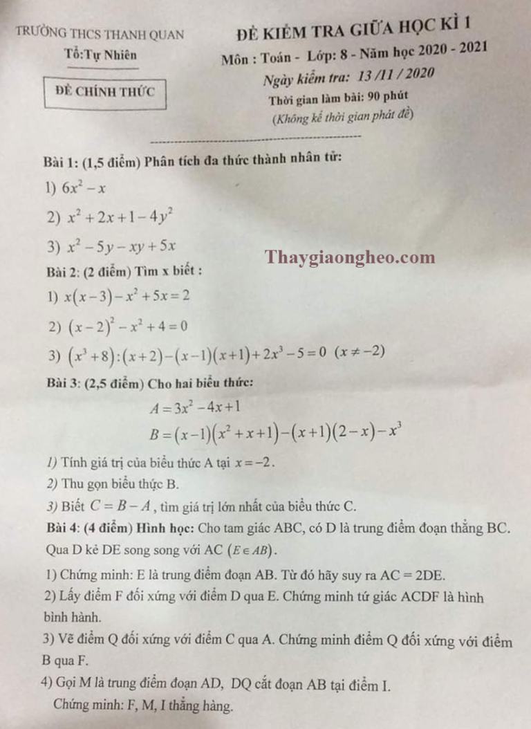 Đề kiểm tra giữa HK1 môn Toán 8 THCS Thanh Quan 2020-2021 - ABCD Online