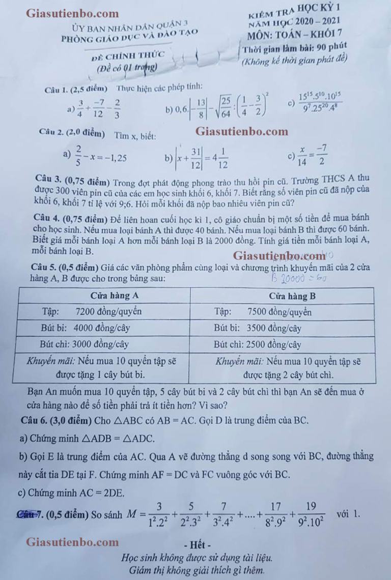 Đề thi HK1 Toán lớp 7 quận 3 năm 2020-2021 - ABCD Online