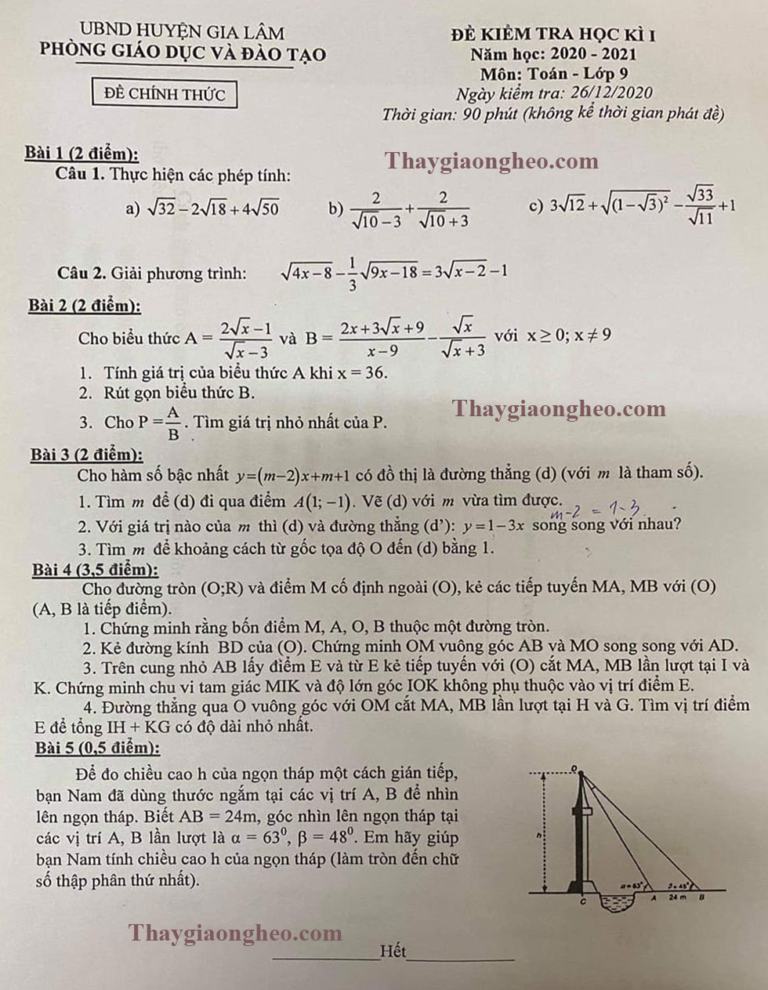Đề thi HK1 Toán lớp 9 huyện Gia Lâm 2020-2021 - ABCD Online