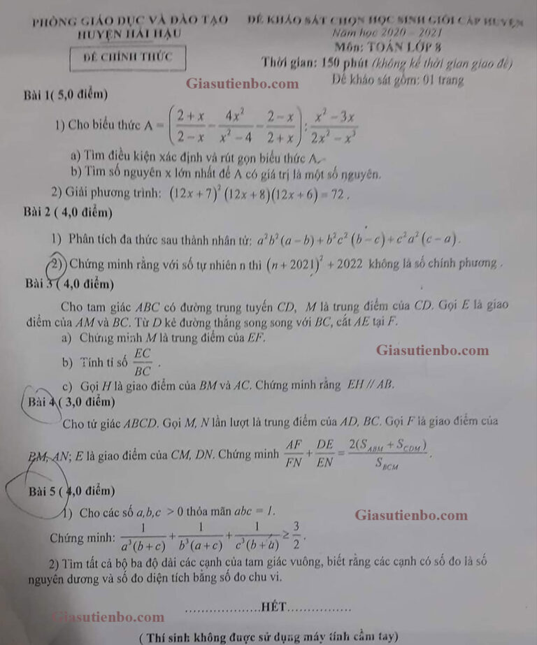 Đề thi HSG Toán 8 huyện Hải Hậu 2020-2021 - ABCD Online
